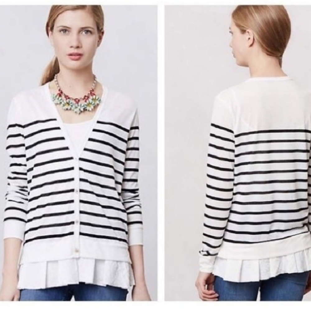 Anthro Wellesley Black Striped Flutter Cardigan - Gem